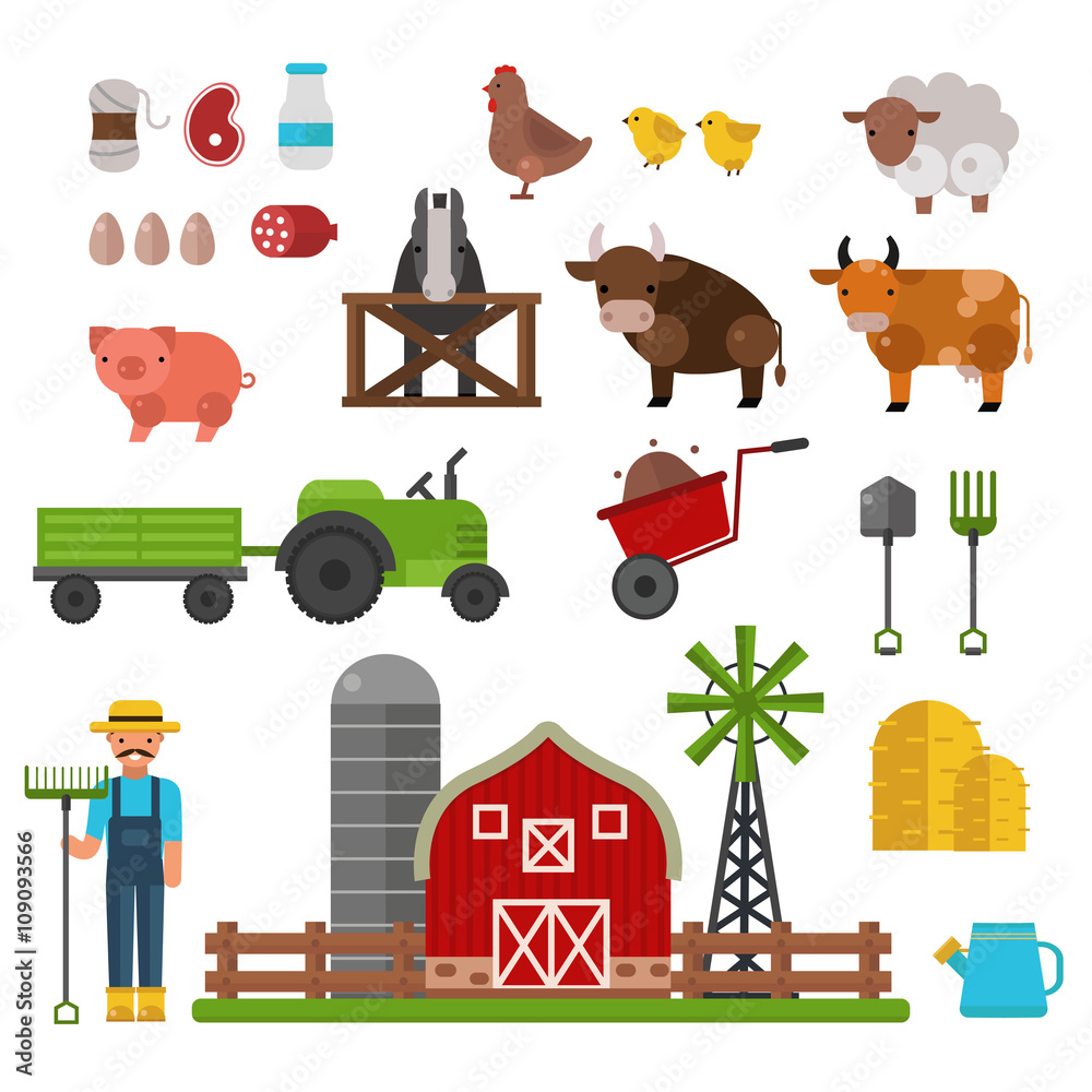 Farm animals, food and drink production symbols, organic product ...