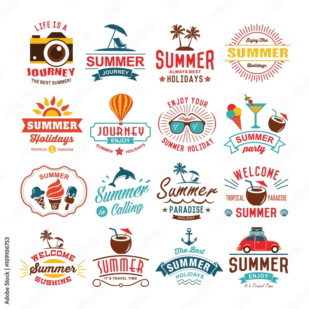 Vintage summer design and typography design with labels, posters, icons ...