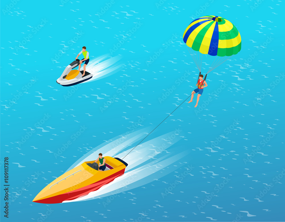 Man parasailing with parachute behind the motor boat. Creative vacation ...