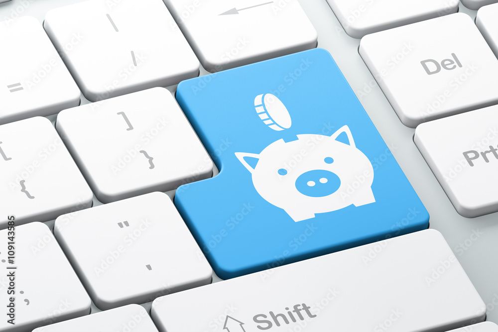 Money concept: Money Box With Coin on computer keyboard background ...
