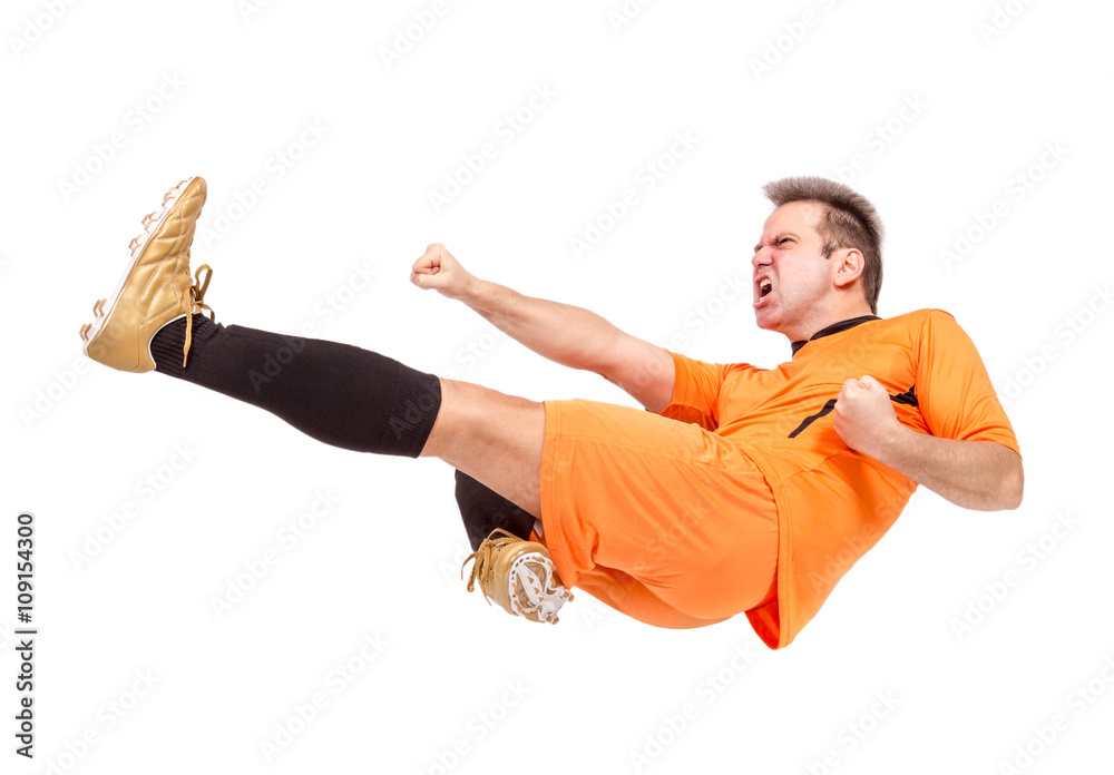 Soccer football player kicking isolated on a white background Stock 사진 ...