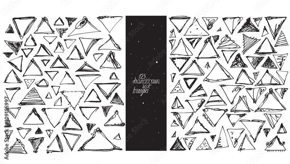 Set of 123 triangles, made with hand and liquid ink, freehand, with ...