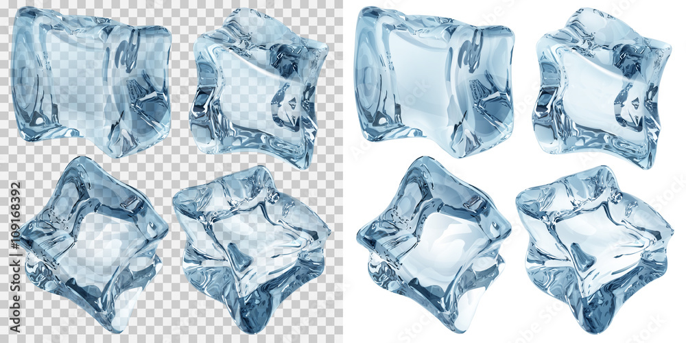 Set of four transparent and four opaque ice cubes in light blue colors ...