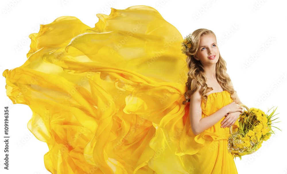Fashion Model Girl with Flowers Bouquet, Flying Dress Fabric Stock ...