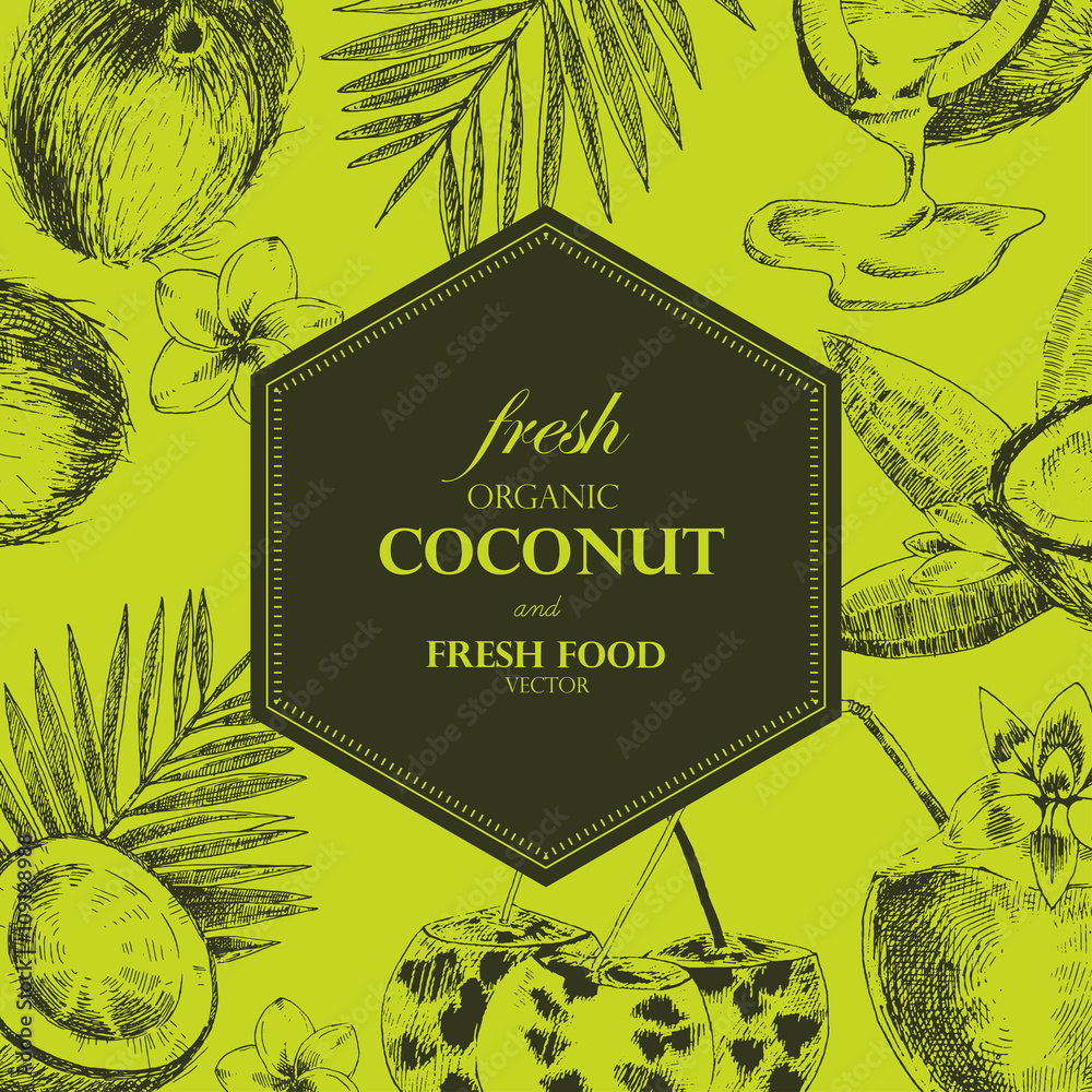 Hand drawn coconut design template. Retro sketch style vector tropical ...