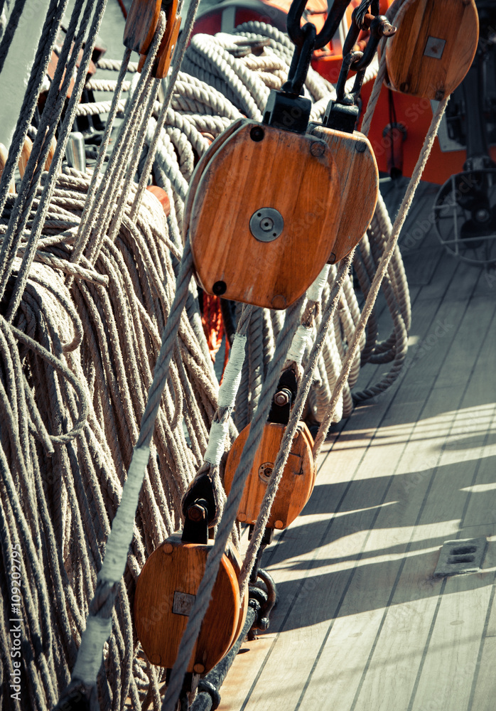 Rigging ropes and pulley at the old ship. Tackles of sailing vessel ...