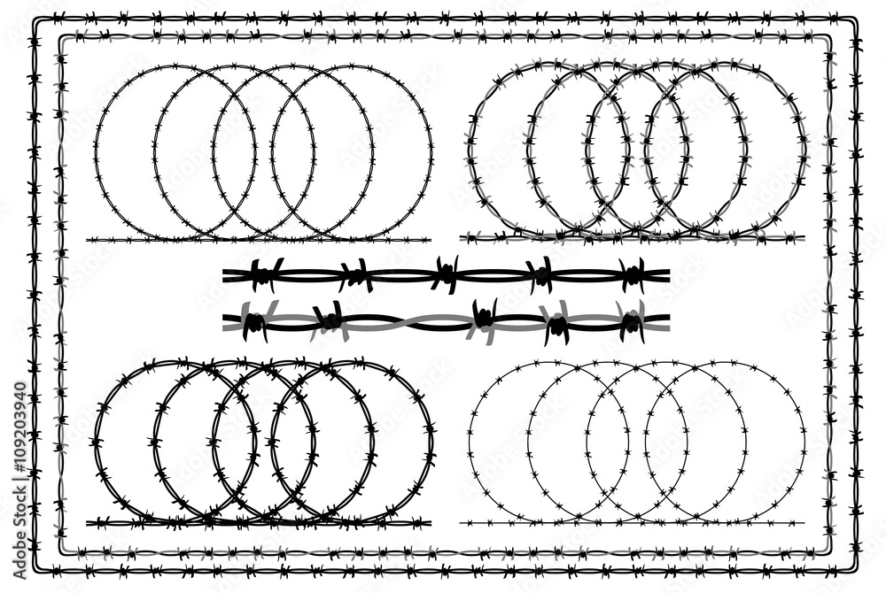 Barb wire (barbed wire) border set - white silhouette on black ...