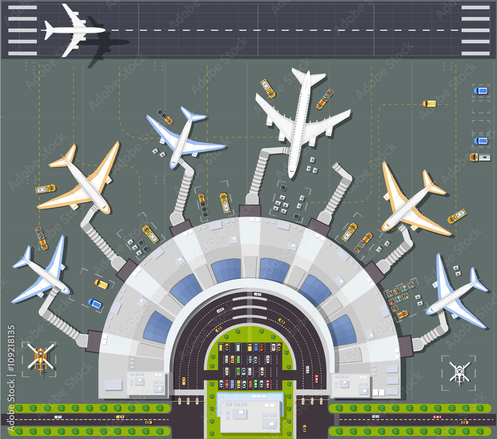 Airport view from above with the aircraft, the terminal building and ...