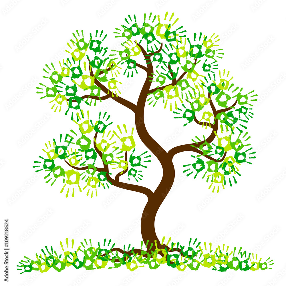Hand print tree. Summer tree with green leaves on a white background ...