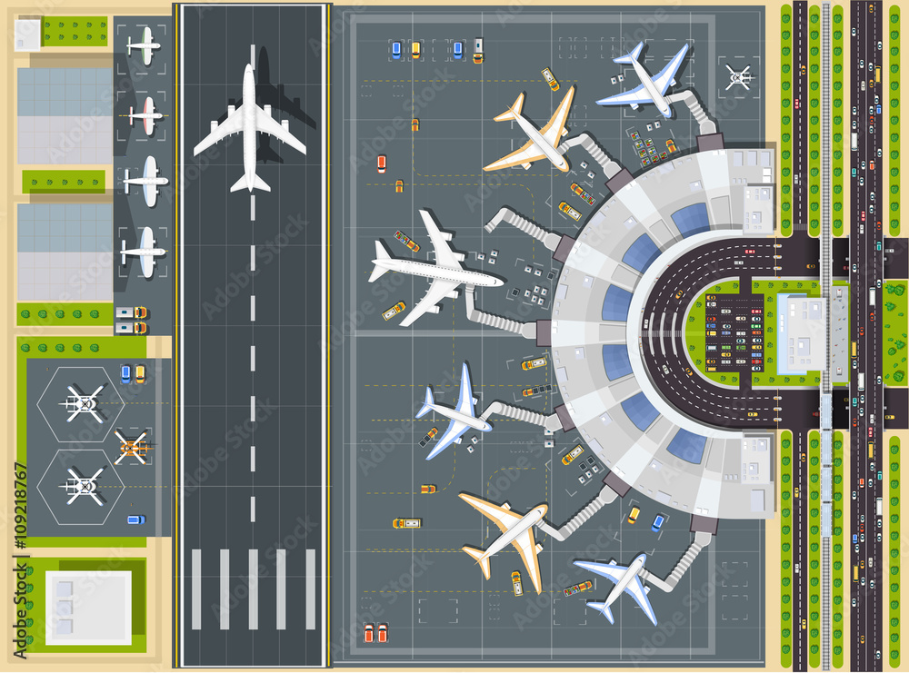 Airport top view with the aircraft, the terminal building and runway ...