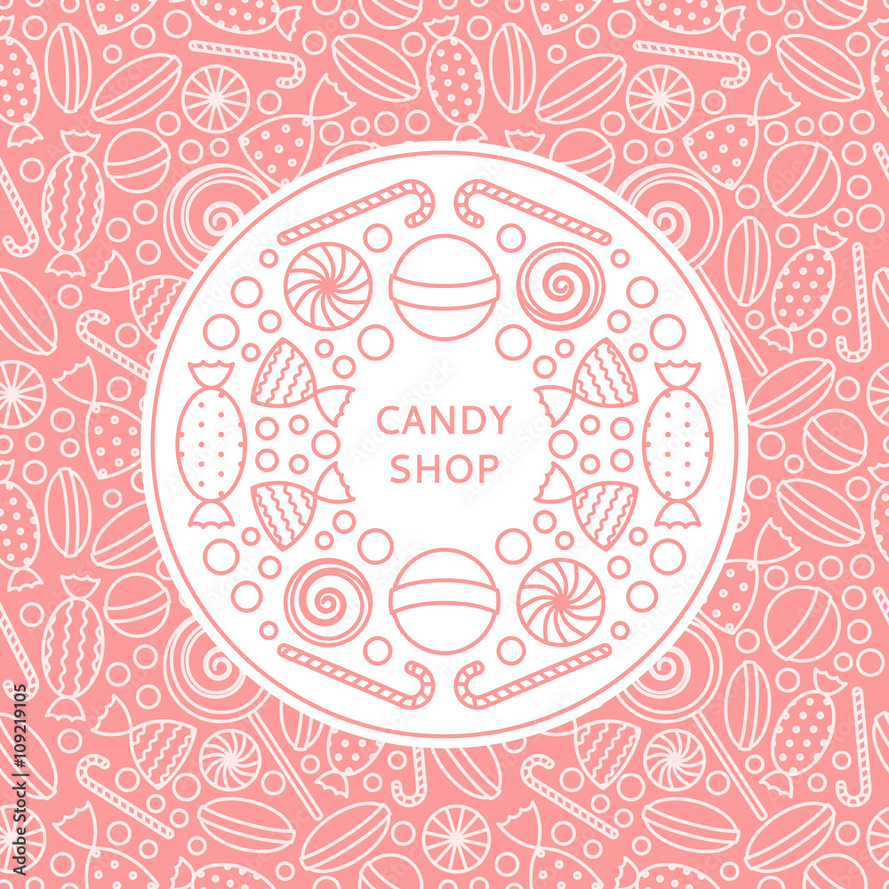 Candy shop logo and seamless patterns with candies in trendy linear ...