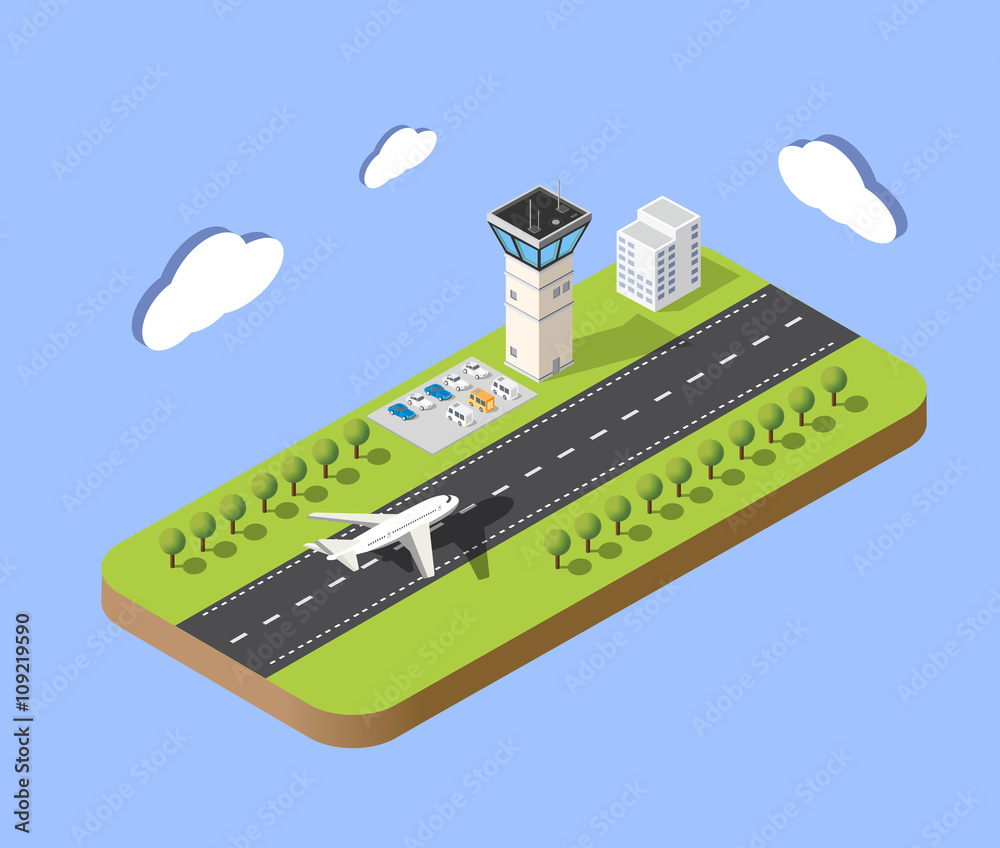 Isometric map of the city airport, the trees and the flight of ...