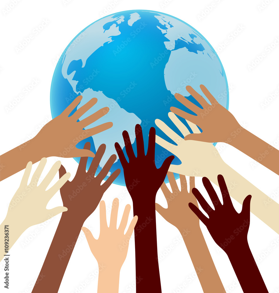 Group of Diversity Hand Reaching For the Earth, Globe, Unity, Wo Stock-Vektorgrafik | Adobe Stock