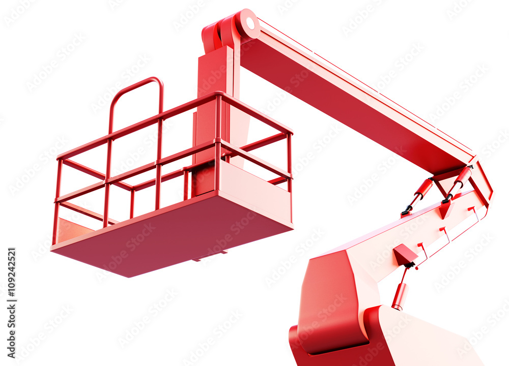 Cage and arm of a mechanical lift isolated on white background. 3d ...