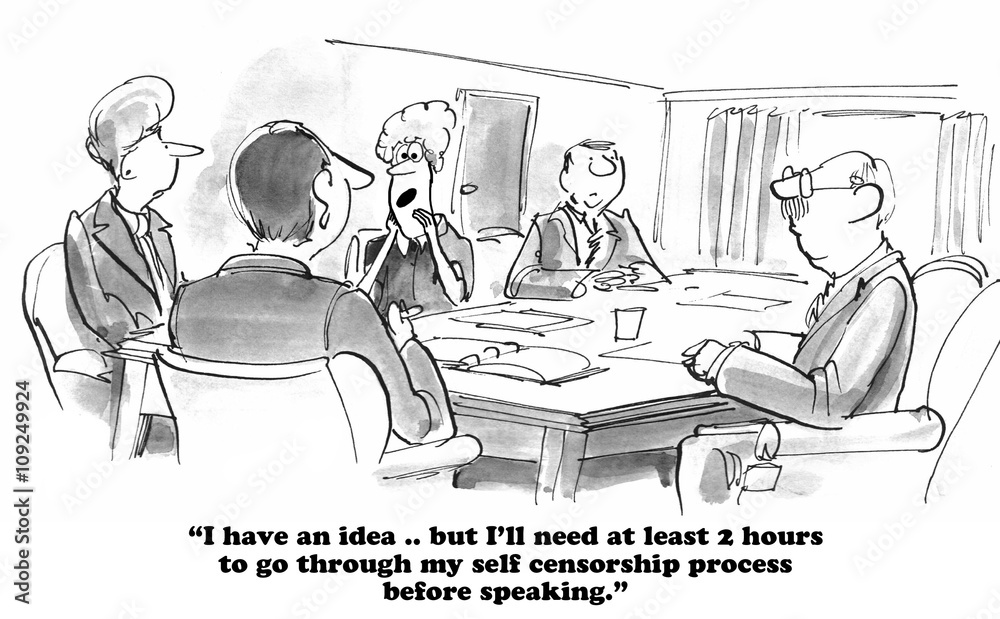 Business cartoon about a woman afraid to share her idea with her peers ...