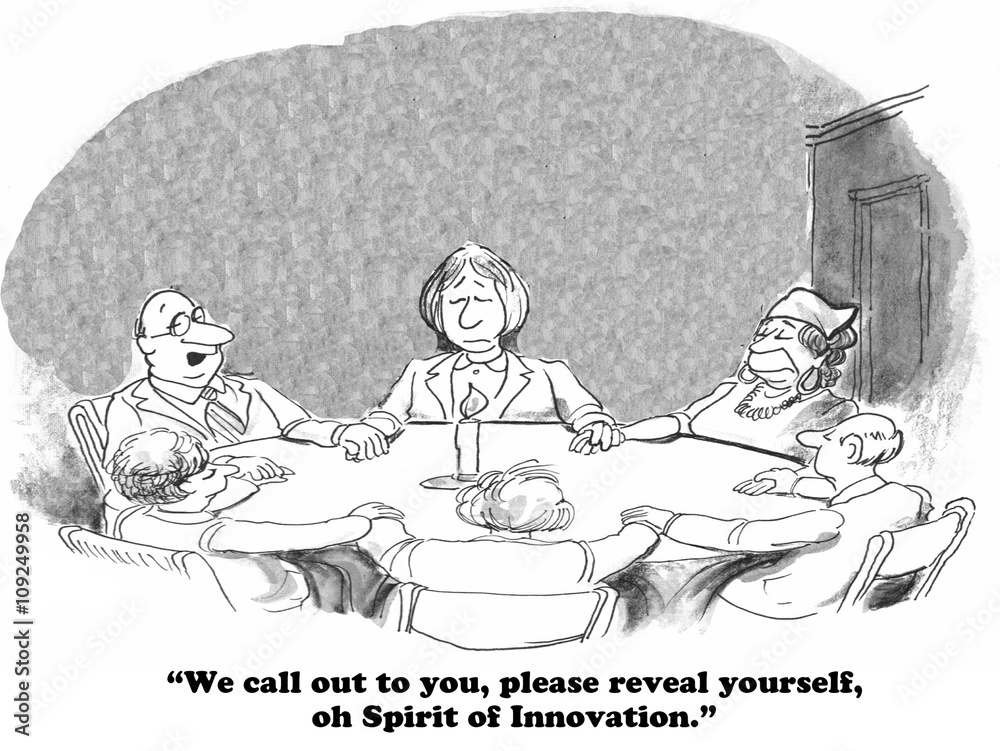 Business cartoon about having a seance to create more innovation. Stock ...