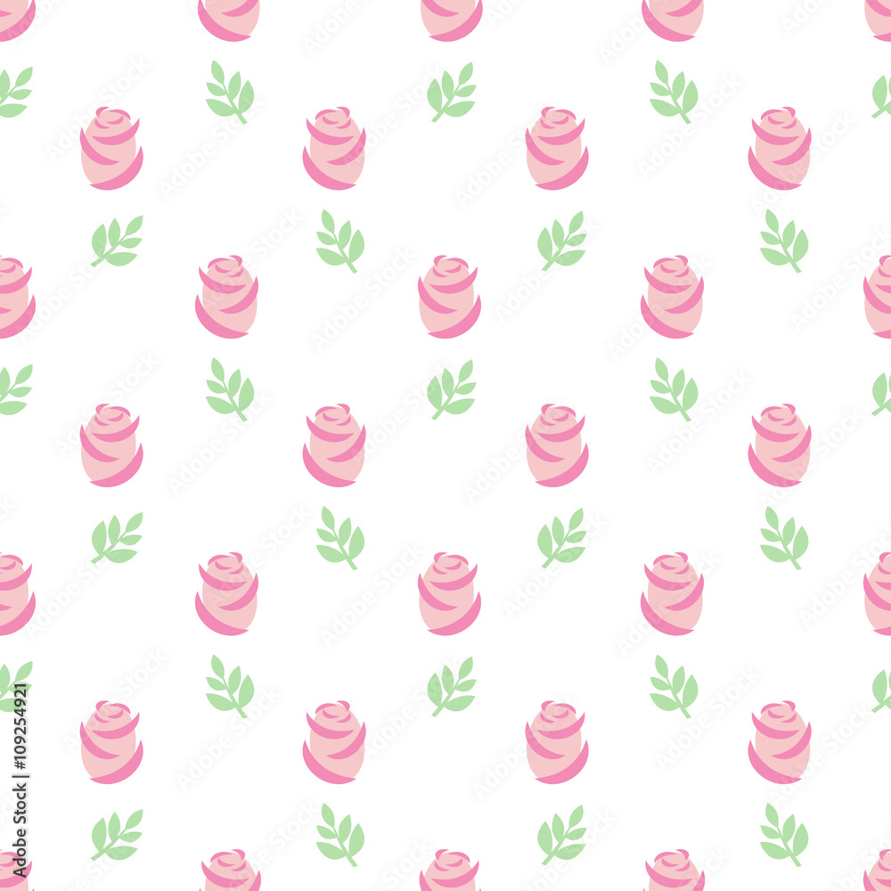 Pink roses pattern. Seamless wallpaper pink roses with leaves on white ...