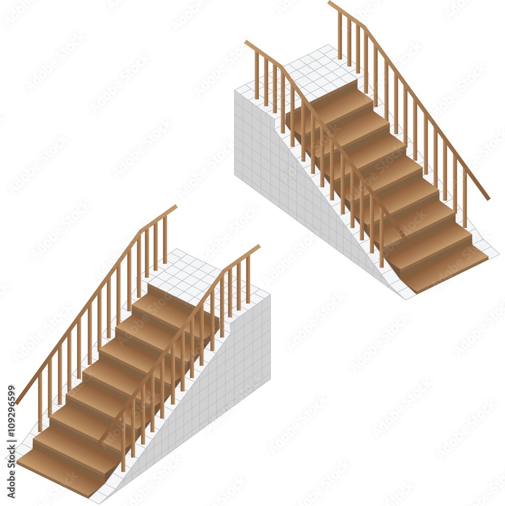 Isometric stairs. Wooden stairs with railing and platform. Stock Vector ...