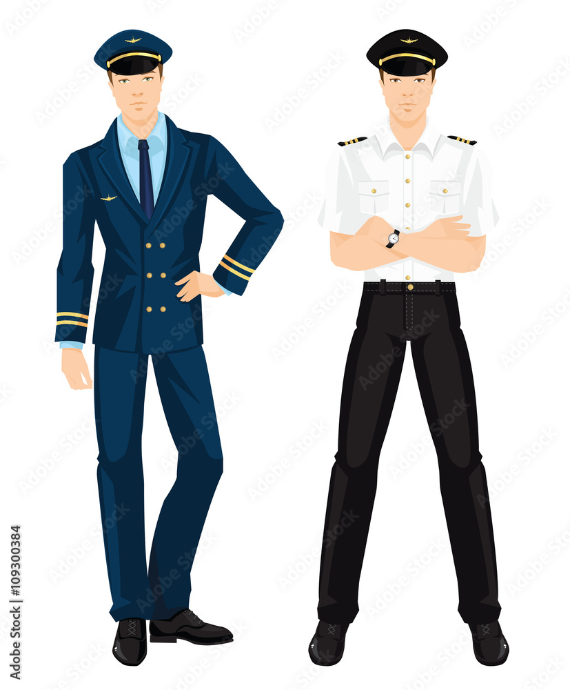Vector illustration of pilot in elegant navy blue suit with gold ribbon ...