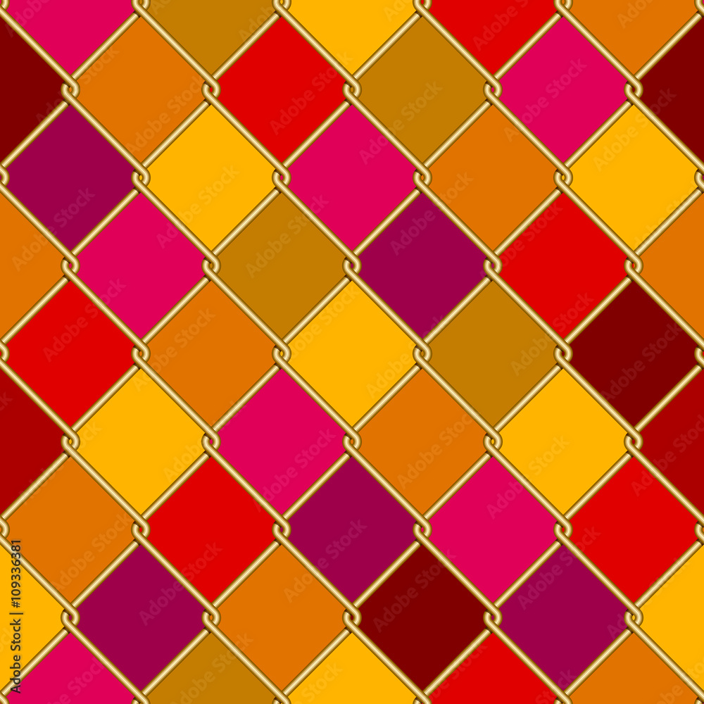 Gold wire grid seamless pattern on motley rhomboids background Stock ...
