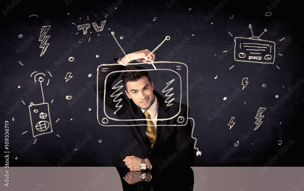 Happy businessman drawing tv and radio Stock Photo | Adobe Stock