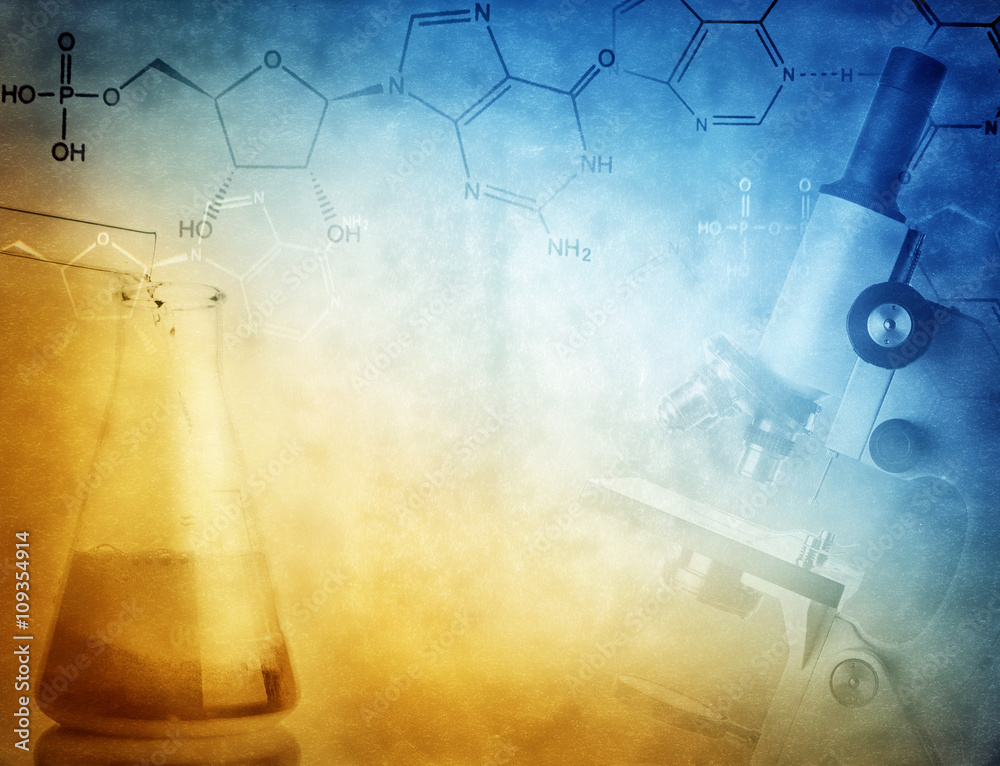 Science and medical background. Laboratory glassware, microscope and ...