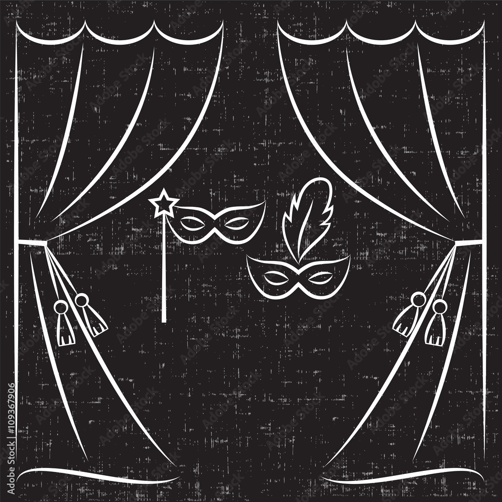 Theater curtain and masks vector line illustration. Stage curtain ...