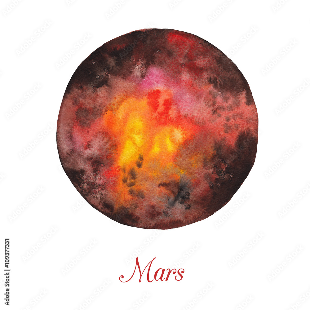 Planet Mars. Watercolor illustration isolated on white background Stock ...
