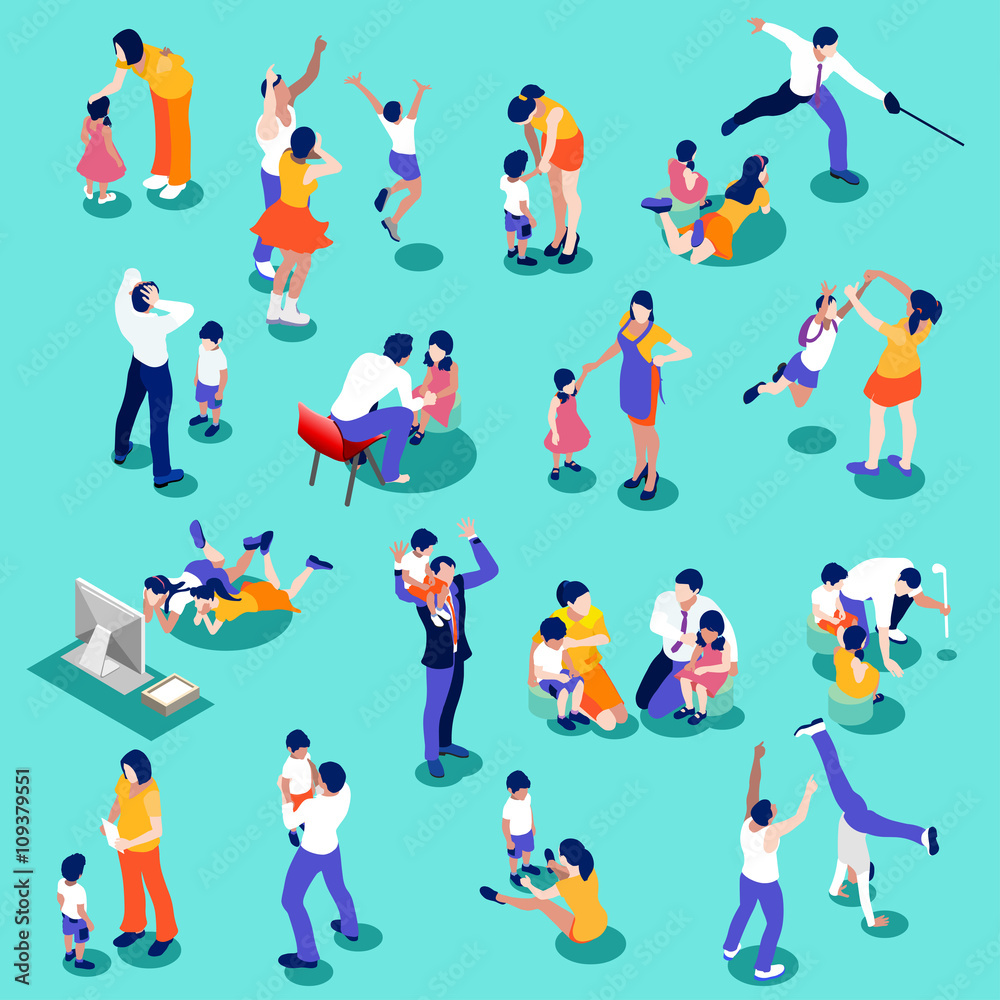 Family isometric people set. 3D flat realistic children and parents ...