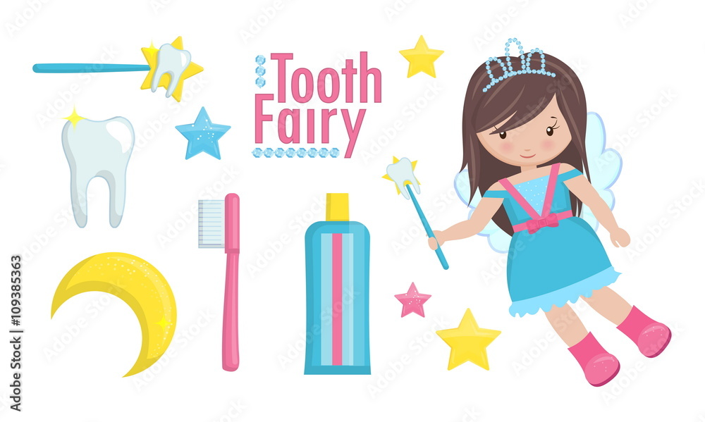 Vecteur Stock Magic tooth fairy with a wand and tooth flying and a set ...