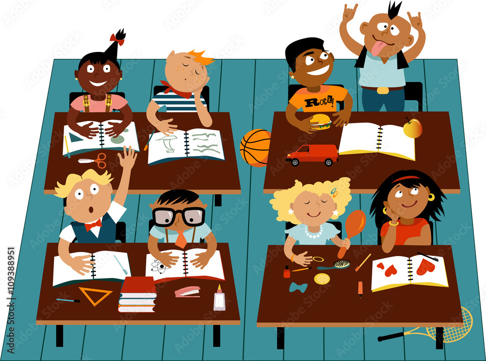 Elementary school classroom filled with diverse children characters ...