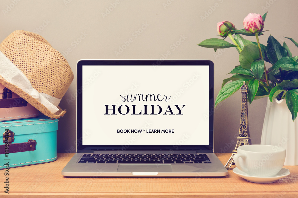 Laptop computer mock up template. Planning summer holiday vacation ...