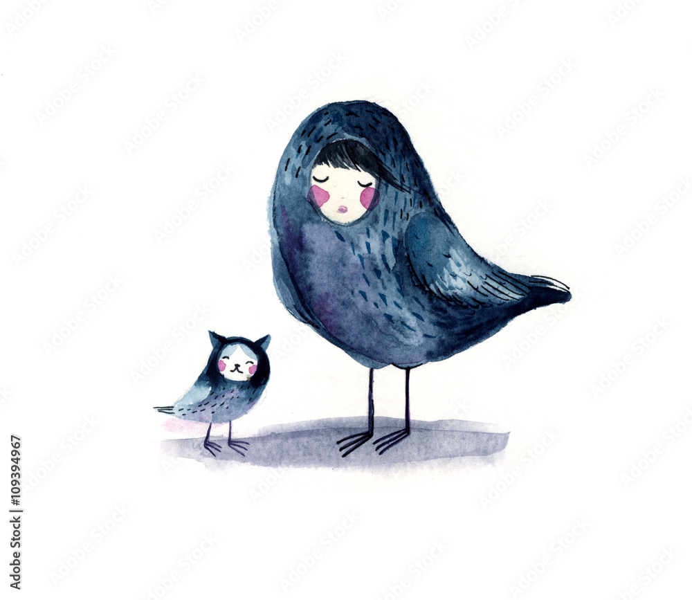 Watercolor magic bird Sirin and the cat with wings. Hand drawing ...