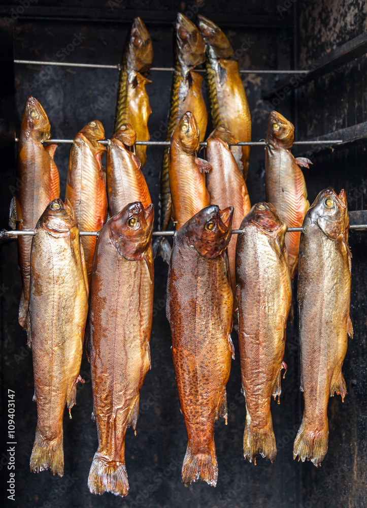 frisch geräucherter Fisch aus dem Räucherofen Stock-Foto | Adobe Stock