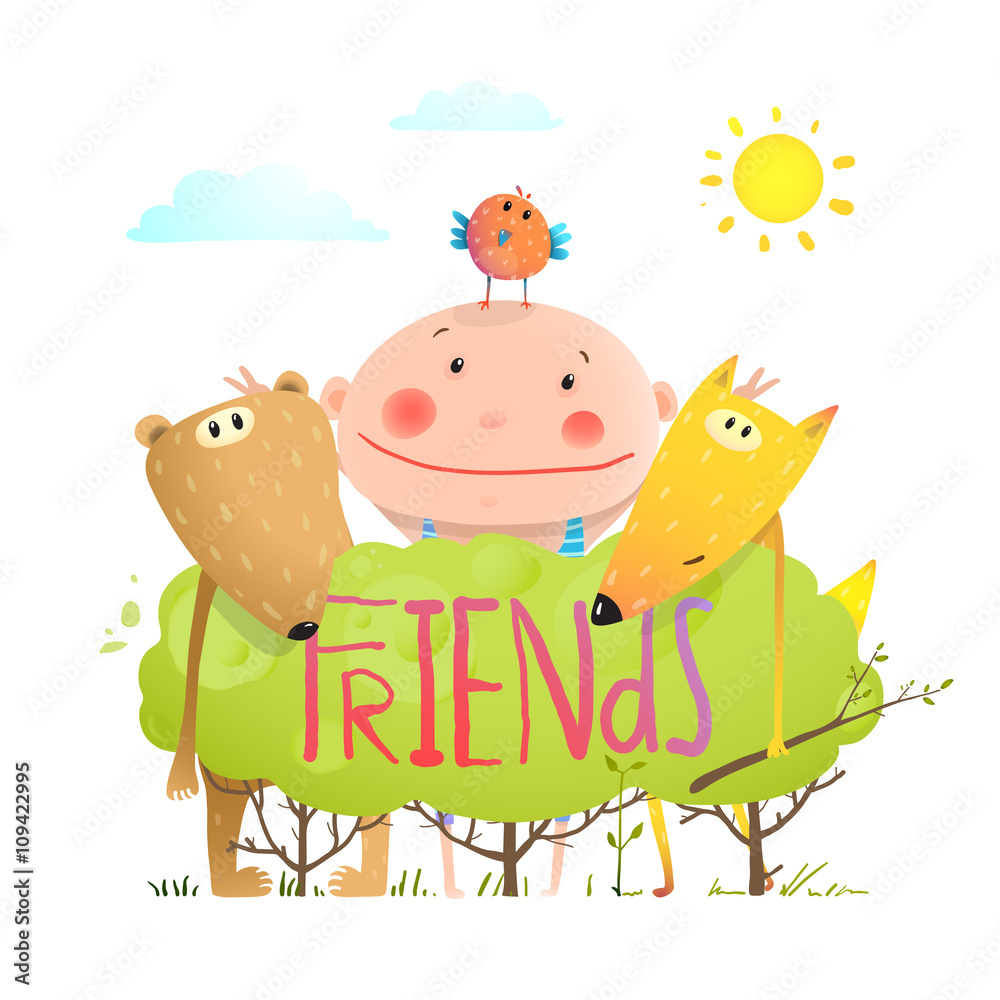 Baby animals and kid childish funny friends cartoon with sign Stock ...