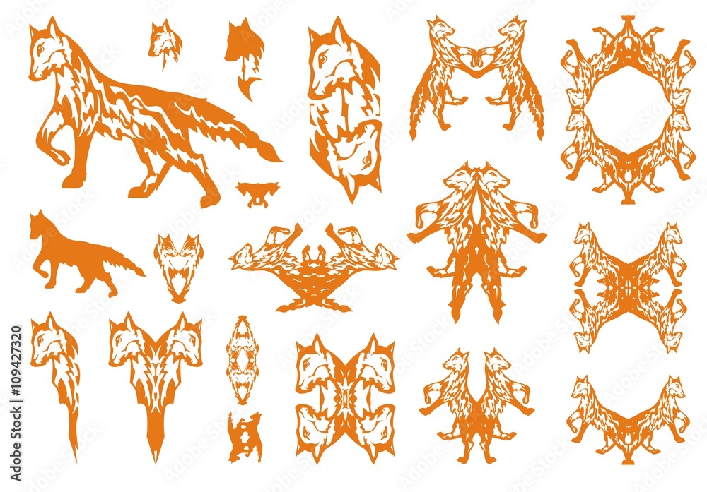 Tribal red fox symbols. Big collection of symbols of the going fox and ...