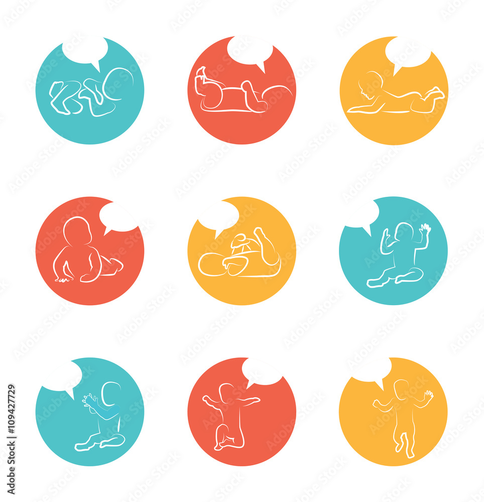 baby development icon, child growth stages. toddler milestones of first ...