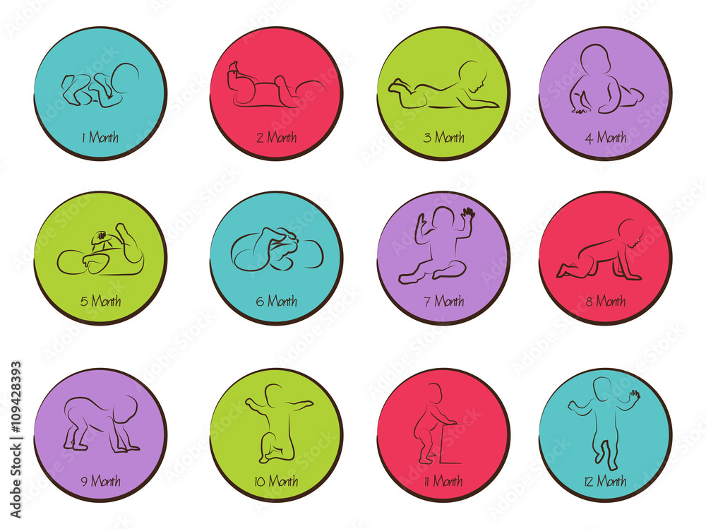 baby development icon, child growth stages. toddler milestones of first ...