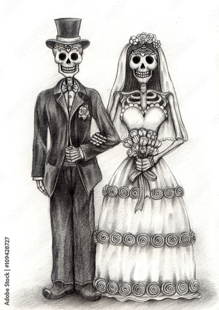 Sugar skull couple love wedding day of the dead design by hand pencil ...
