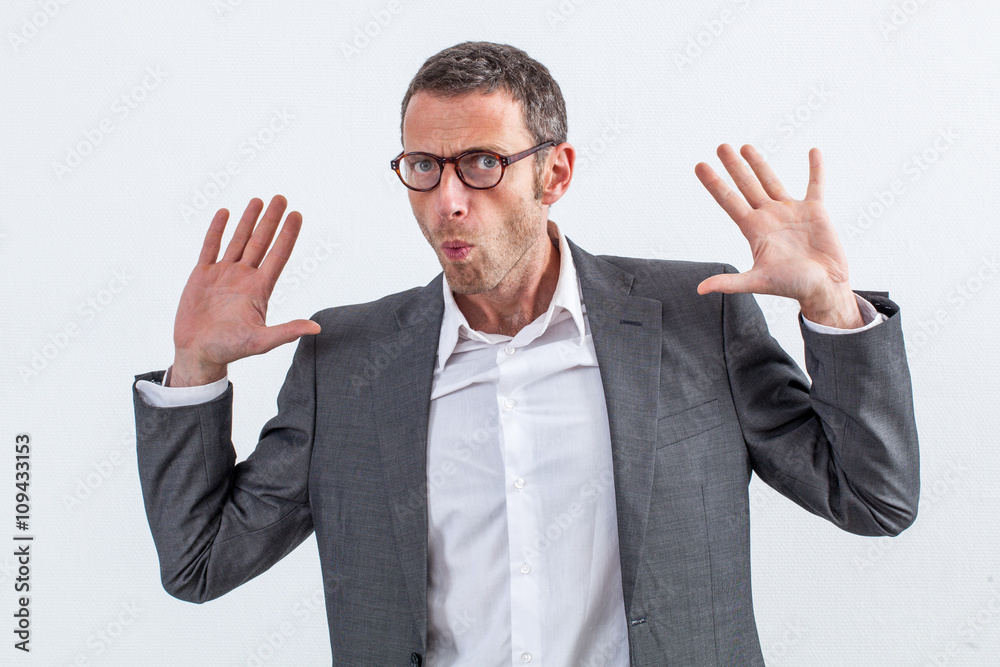 businessman refusing to be guilty or denying responsibility Stock-Foto ...