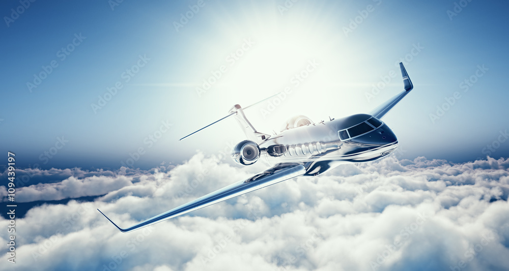 Image of black luxury generic design private jet flying in blue sky at ...