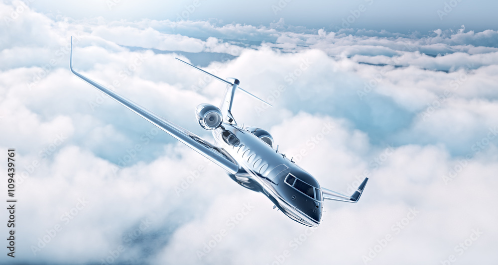 Picture of black luxury generic design private jet flying in blue sky ...