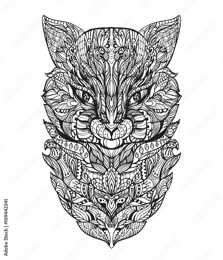 Coloring page for adult with cat head. Zentangle vector illustration ...