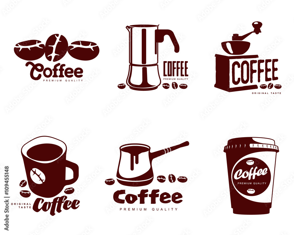 Coffee logos, simple coffee symbols Set of coffee symbols on a white ...