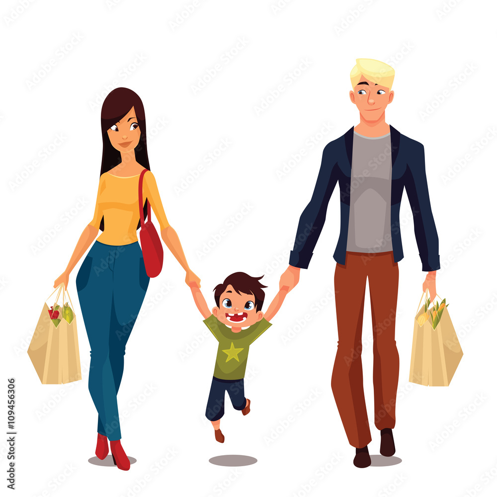 Family buying, cartoon vector illustration, isolated on a white ...