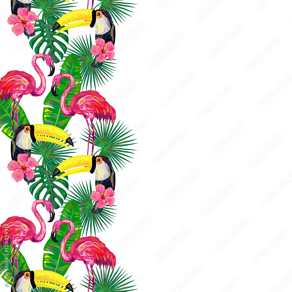 Summer background with flamingo and toucan exotic bird, palm leaves ...