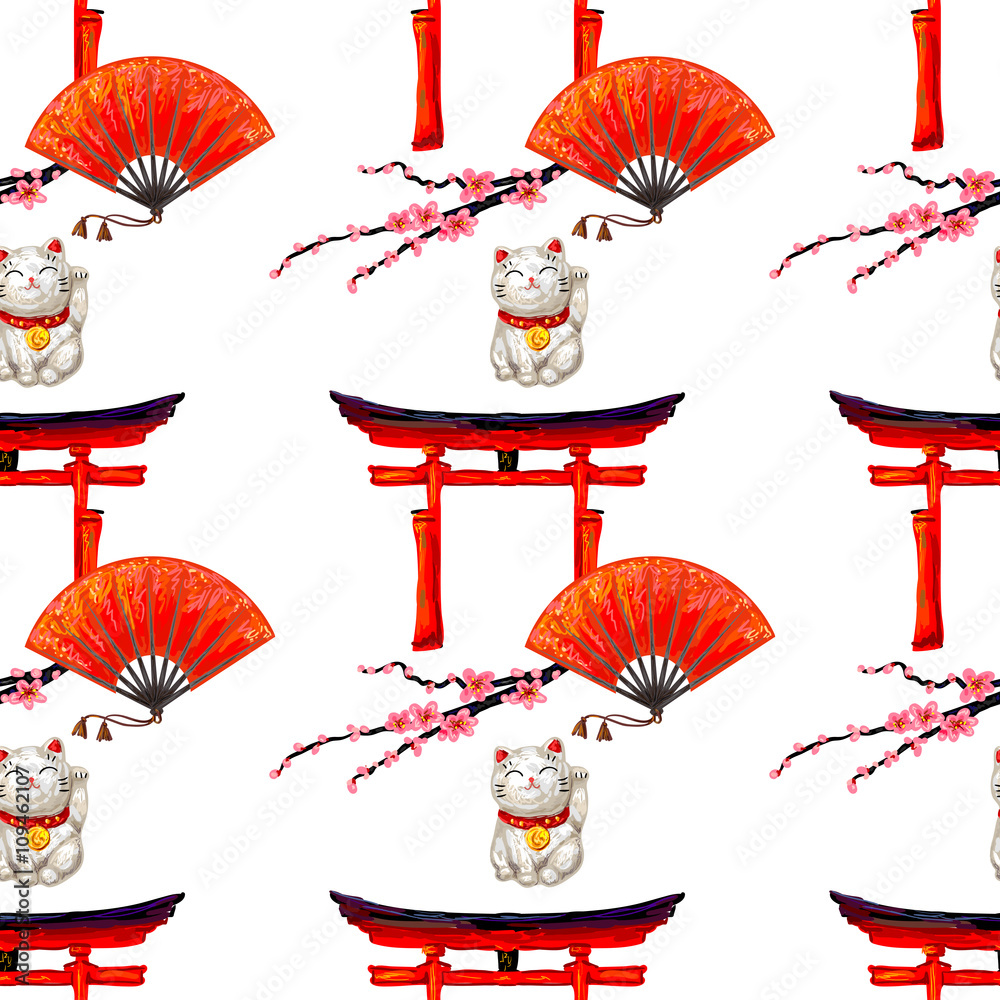 Seamless Japanese pattern with Torii gate, sakura cherry blossom, lucky ...