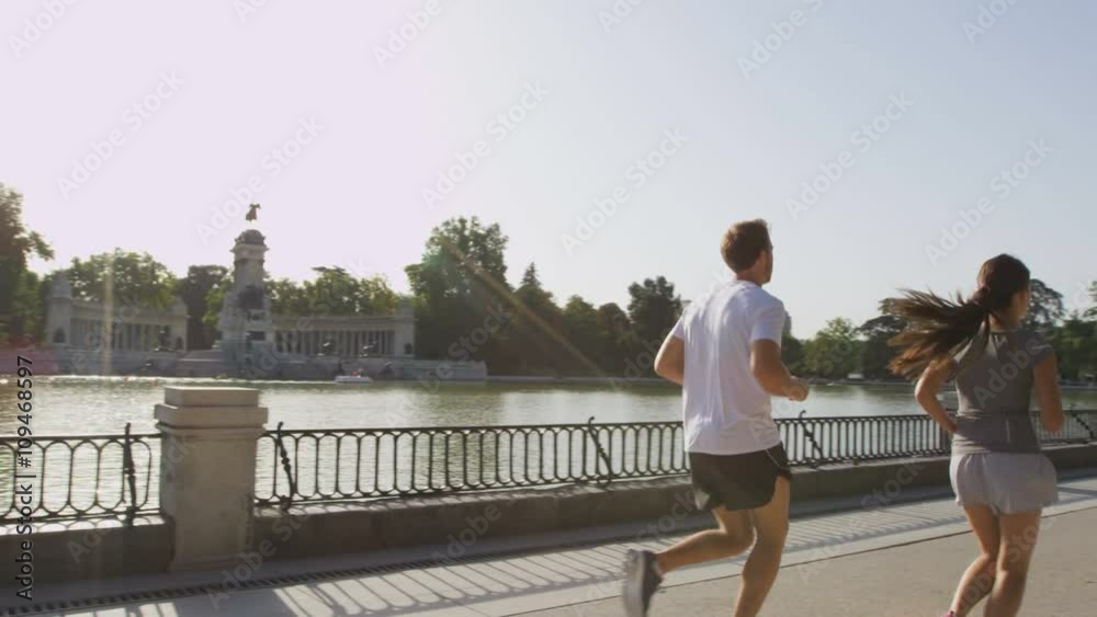 Runners jogging running in Madrid El Retiro city park. Exercising woman ...