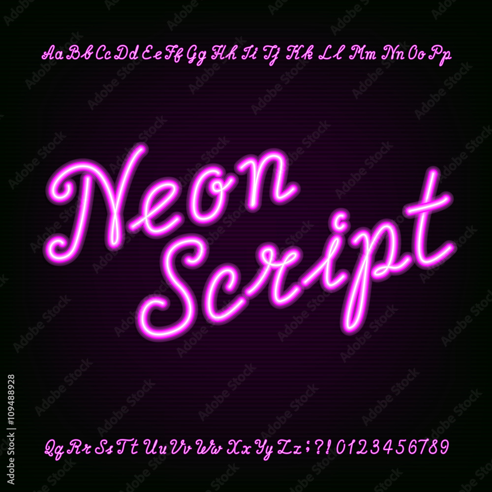 Neon script hand drawn alphabet font. Purple neon type letters and ...