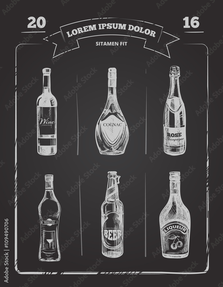 Drinks menu on chalkboard in hand drawn style. Alcohol drink menu ...